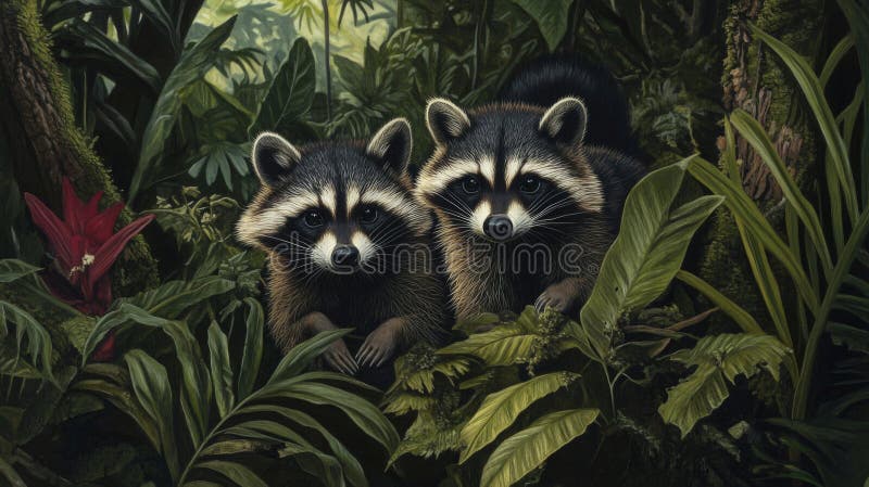 Two Raccoons in Lush Tropical Jungle Stock Illustration - Illustration ...