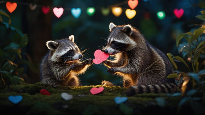 Romantic Raccoon Couple Sharing a Heart on Valentine S Day Stock ...