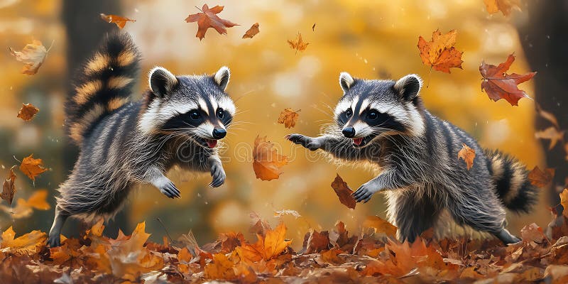 Two Raccoons Playing in Autumn Leaves Stock Illustration - Illustration ...