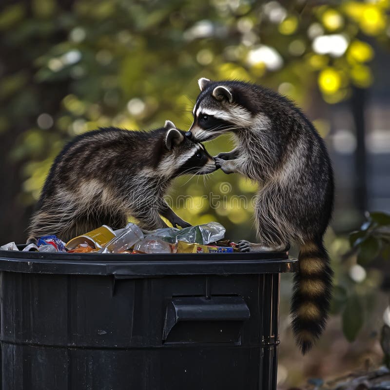 Two Raccoons are Playing in a Trash Can Stock Illustration ...