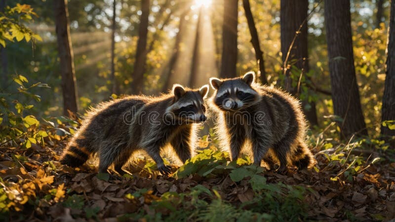 Golden Hour Raccoons in Autumn Forest, Two Adorable Wildlife Animals ...