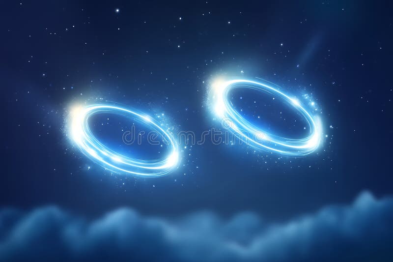 Two Radiant Circles Glowing Above Clouds in a Dark Blue Starry Night ...