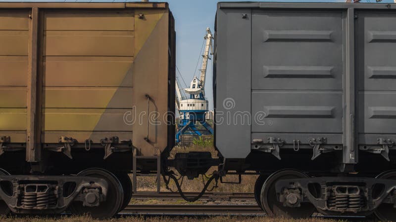 Two Rail Containers of a Freight Train and a Crane in the Port. Stock ...