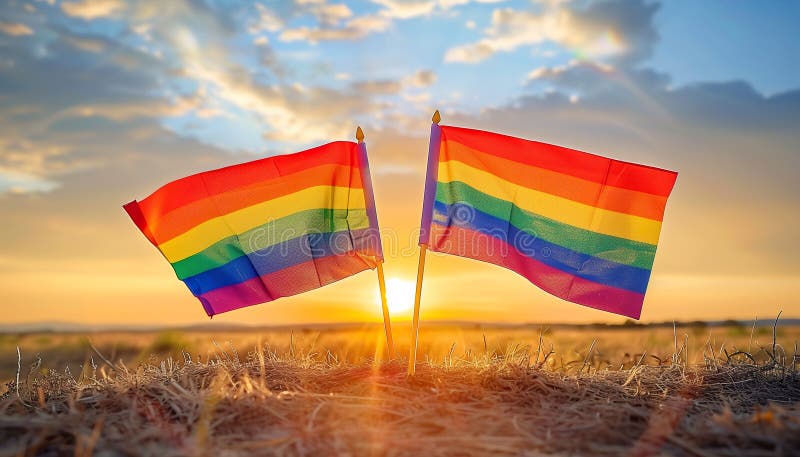 Two Rainbow Pride Flags Fluttering in the Wind Against Sunset ...