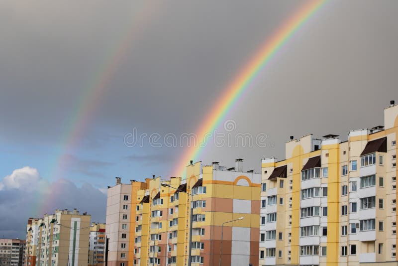 Two Rainbows after the Rain Over the City Stock Photo - Image of view ...