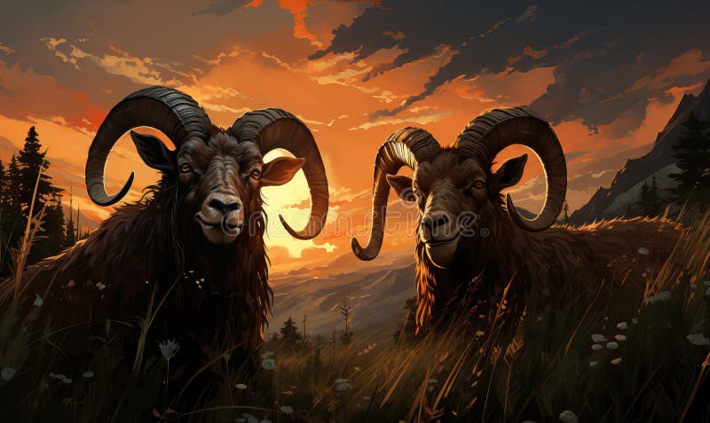 Two Rams Stand in Field. Generative AI Stock Photo - Image of rural ...