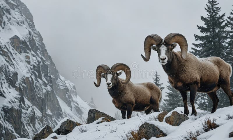 Two Rams Standing on Snowy Mountain Stock Illustration - Illustration ...