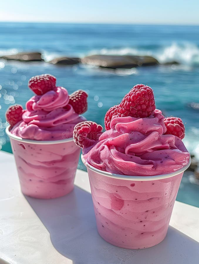 Two Raspberry Frozen Yogurt Cups by the Seaside. Stock Image - Image of ...