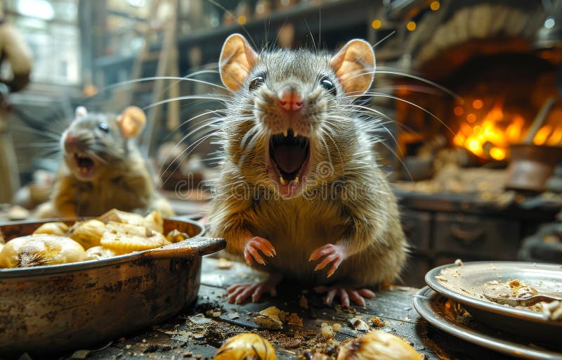 Two Rats are Eating Food on a Table. One of the Rats is Making a Loud ...
