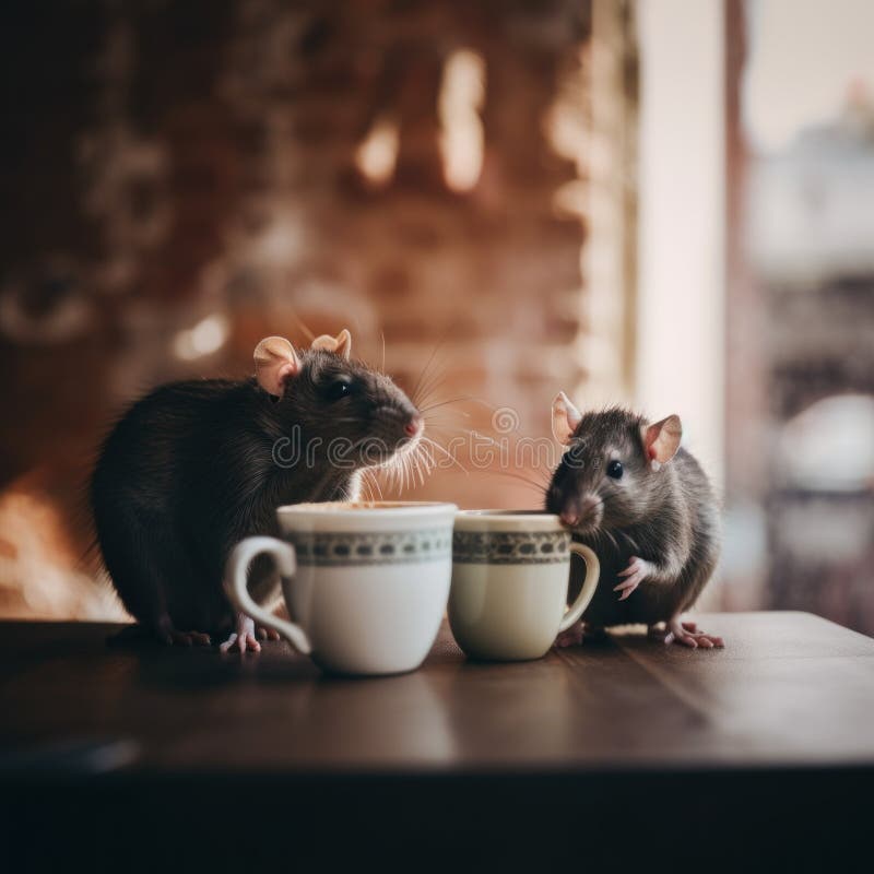 Two Rats Sitting on a Table Next To a Cup of Coffee. AI Generative ...