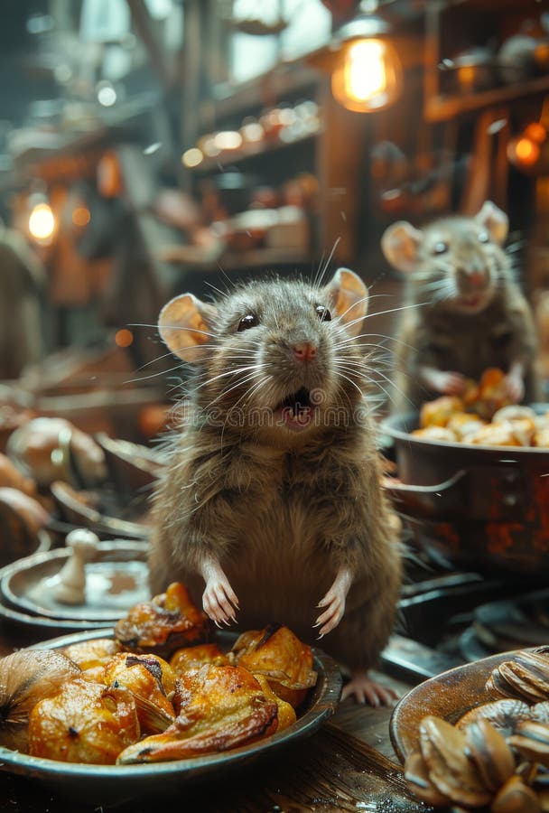 Two Rats are Sitting on Table in Restaurant and Eating Food. Stock ...