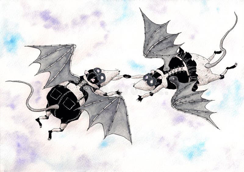 Two Rats with Wings Flying in Cloudy Sky. Stock Illustration ...