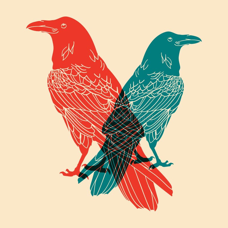 Two Ravens. Colorful Cute Screen Printing Effect. Riso Print Effect ...