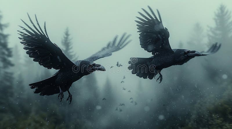 Two Ravens in Flight Against a Misty Forest Backdrop Stock Illustration ...
