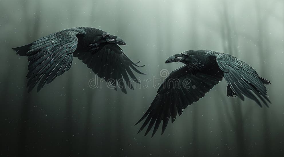 Two Ravens in Flight, Misty Forest Backdrop Stock Illustration ...