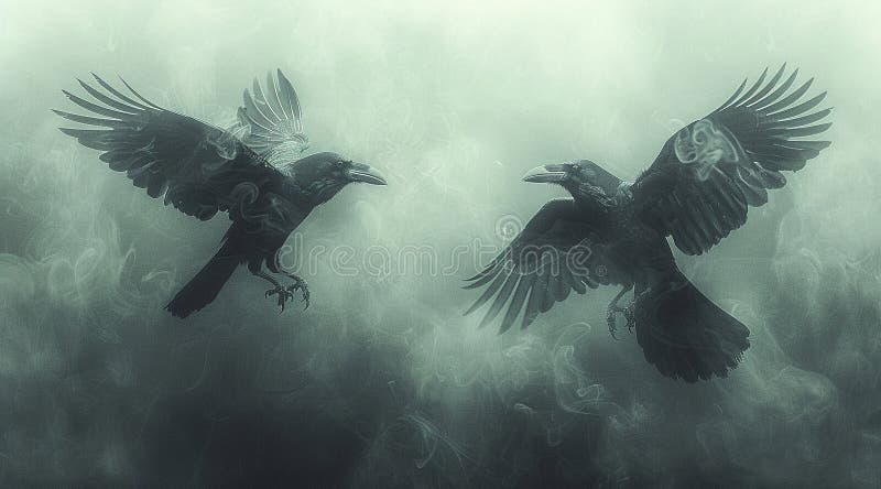 Two Ravens in Flight, Shrouded in Misty Atmosphere Stock Illustration ...