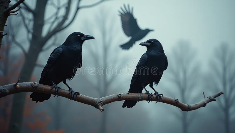 Two Ravens Perched on a Branch with Another Raven Flying in a Misty ...