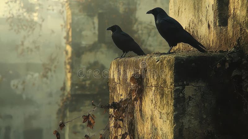 Two Ravens Perched on Stone Wall Stock Illustration - Illustration of ...