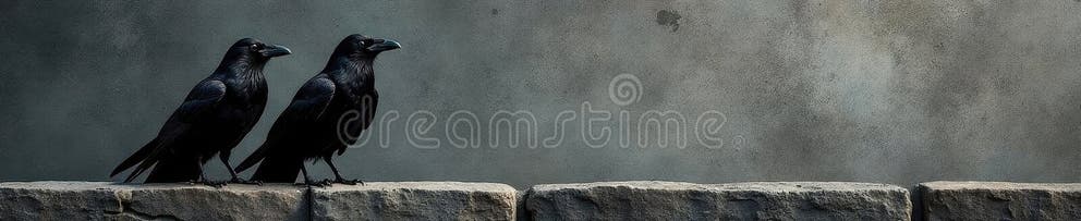 Two Ravens Perched on Weathered Grey Stone, Shadows Long , Balanced ...