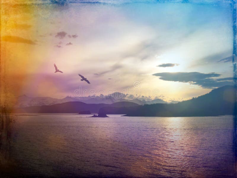 Two Ravens at Sunset with Magical Texture Stock Photo - Image of blue ...