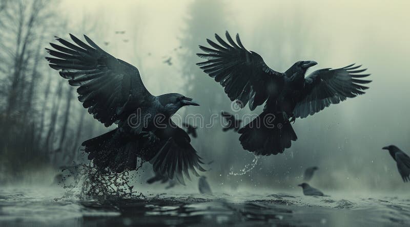 Two Ravens Taking Flight Over a Misty River Stock Illustration ...