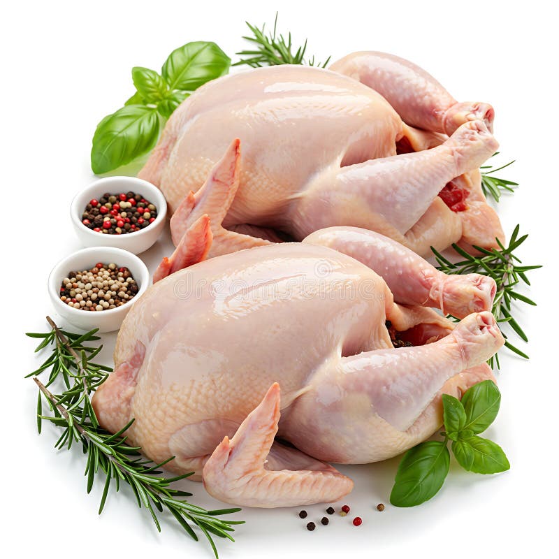 Two Raw Chickens Isolated on White Background with Herbs and Spices ...