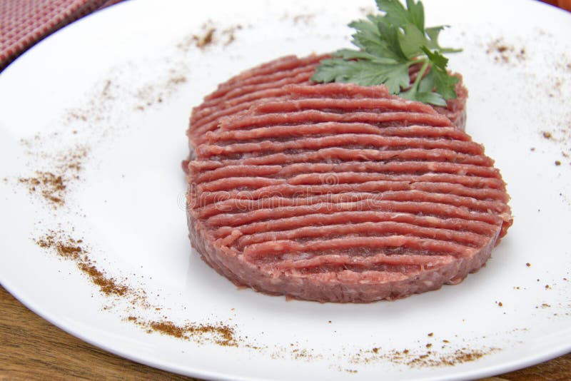 Raw Ground Beef Steaks on a Plate Stock Photo - Image of food, wood ...