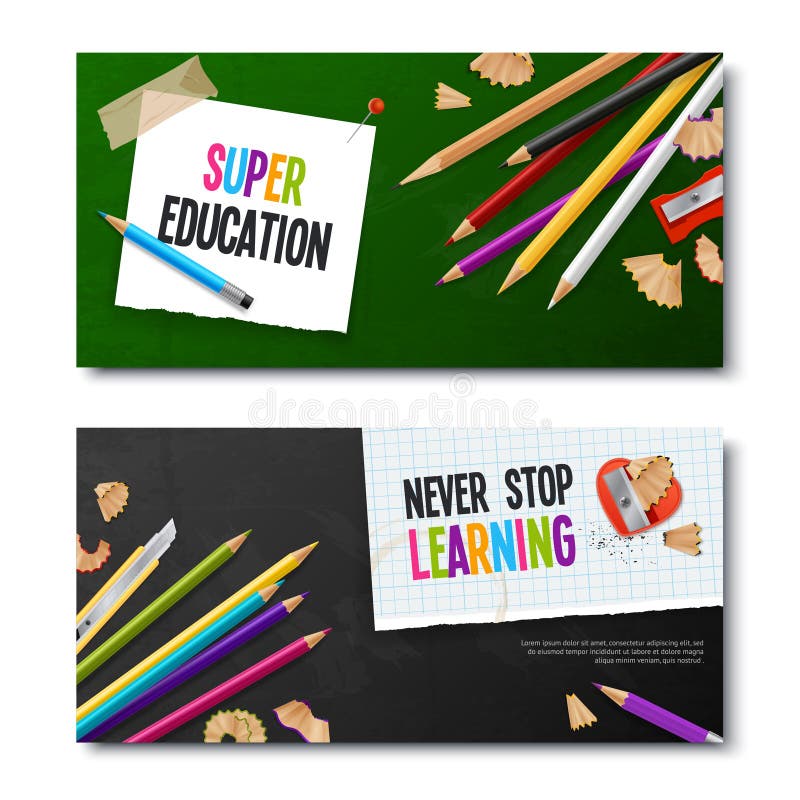 Two Realistic Banners with Colored Pencils Stock Vector - Illustration ...