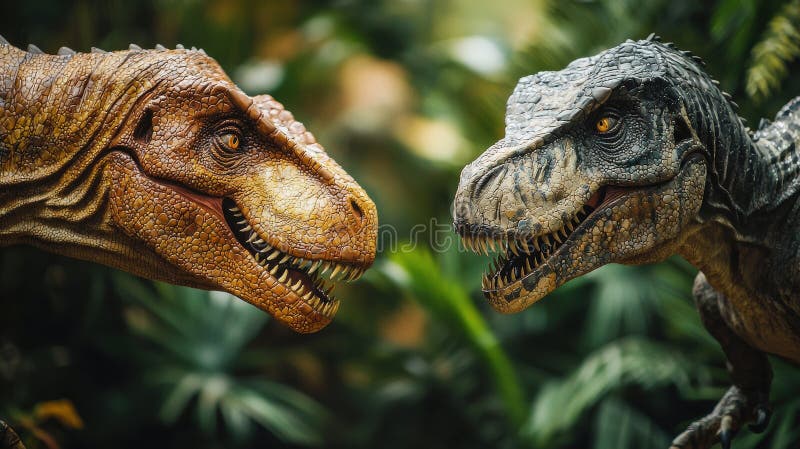 Two Realistic Dinosaur Figures Engaged in Intense Interaction Stock ...