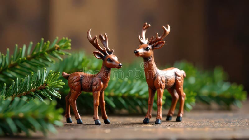 Two Realistic Toy Deer Figurines with Antlers in Forest Setting with ...