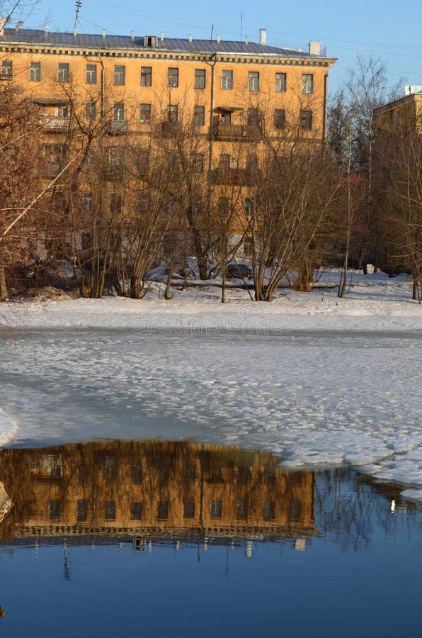 Old House in the Reflection of a Spring Pond. Stock Image - Image of ...