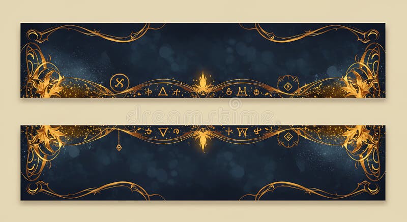 Two Rectangular Banners Feature Intricate Golden Designs on a Dark Blue ...
