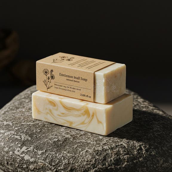 Two Rectangular Bars of Artisanal Soap are Stacked on a Textured, Dark ...