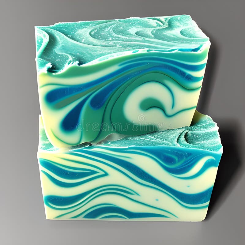 Two Rectangular Bars of Handmade Soap Featuring Green, Blue and White ...