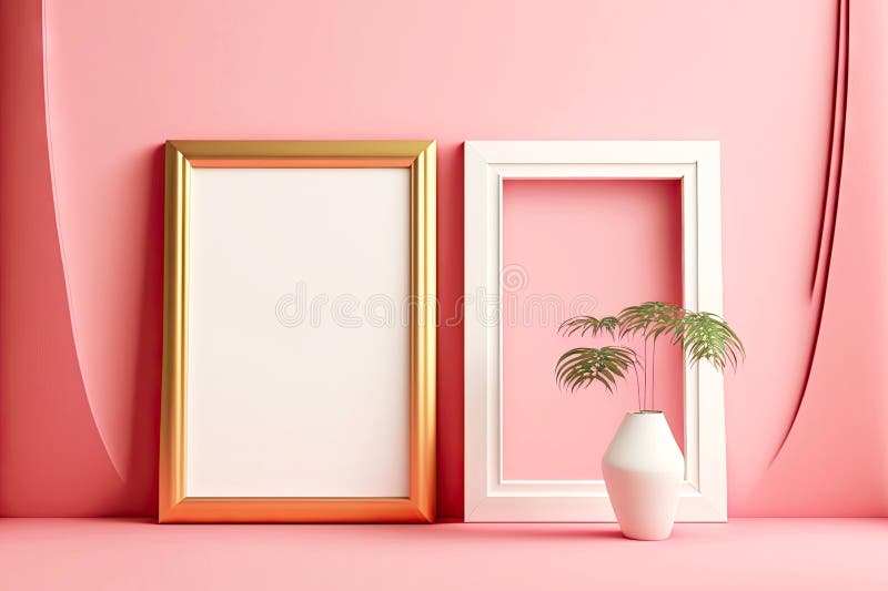 Two Rectangular Picture Frame Mockups Against Light Pink Wall Stock ...