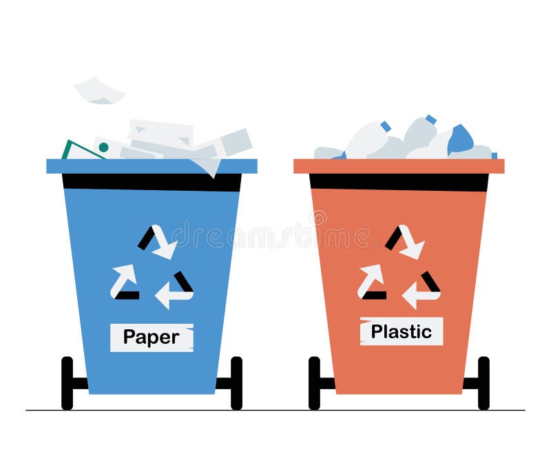 Blue and Orange Recycling Bins for Paper and Plastic in Flat Vector ...
