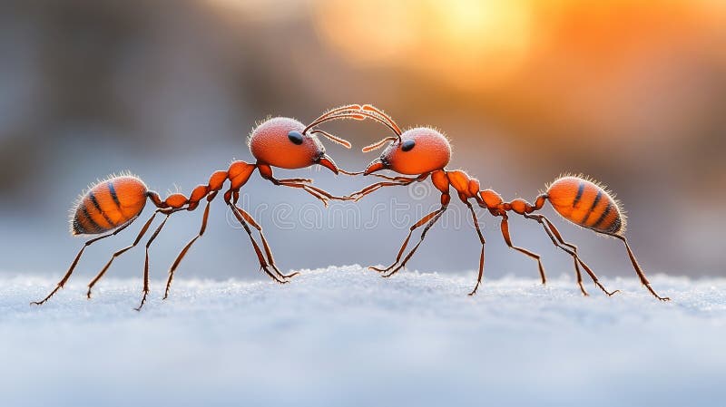 Two Red Ants Facing Each Other on Snow, Interacting Stock Illustration ...