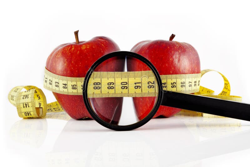 Two Red Apple Meter and Magnifying Glass Stock Photo - Image of ideas ...