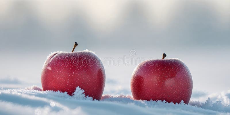 Two Red Apples Covered in Fresh Winter Snow are Seen. Stock Image ...
