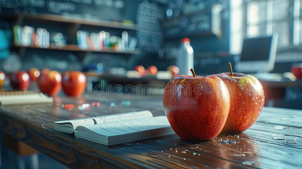 Two Red Apples on a Desk in a Classroom with a Notebook and a ...