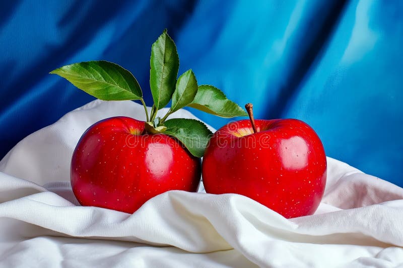 Two Red Apples with Green Leaves on a White Cloth Stock Image - Image ...