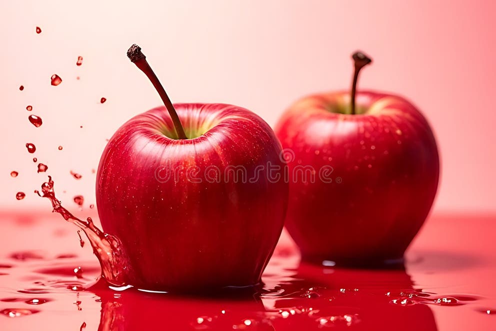 Two Red Apples Rest on Red Liquid with a Splash Effect Stock ...