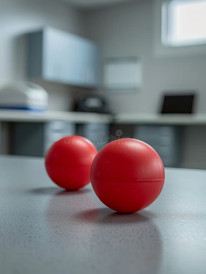 Two Red Balls on a Desk in a Modern Office Setting. Stock Image - Image ...