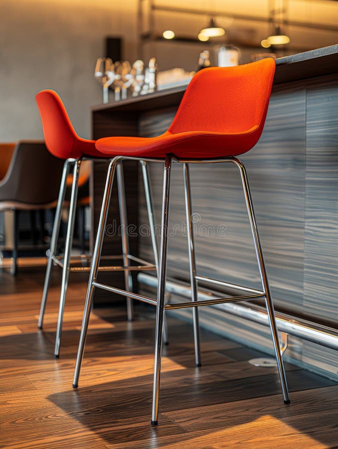 Two Red Bar Stools at a Modern and Sleek Bar Counter. Stock Image ...