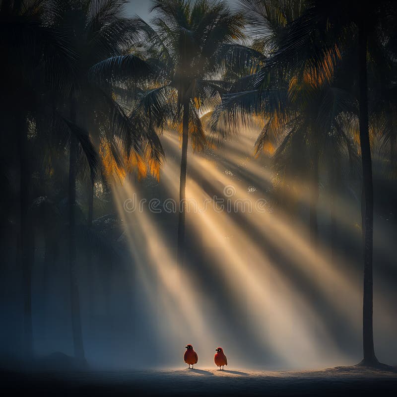 Two Red Birds at Dawn Mystical Sunbeams through Palm Trees Stock ...