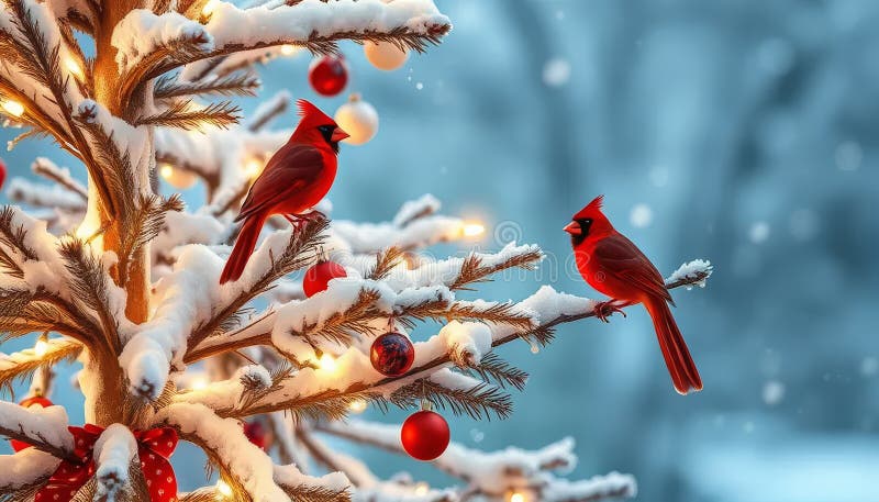 Two Red Birds are Perched on a Christmas Tree Stock Photo - Image of ...