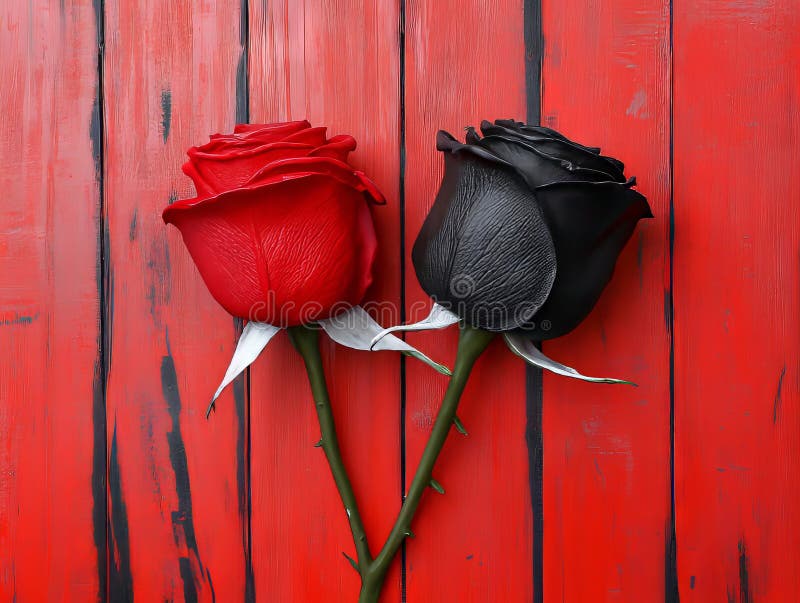 Two Red and Black Roses on a Red Wooden Surface Stock Image - Image of ...