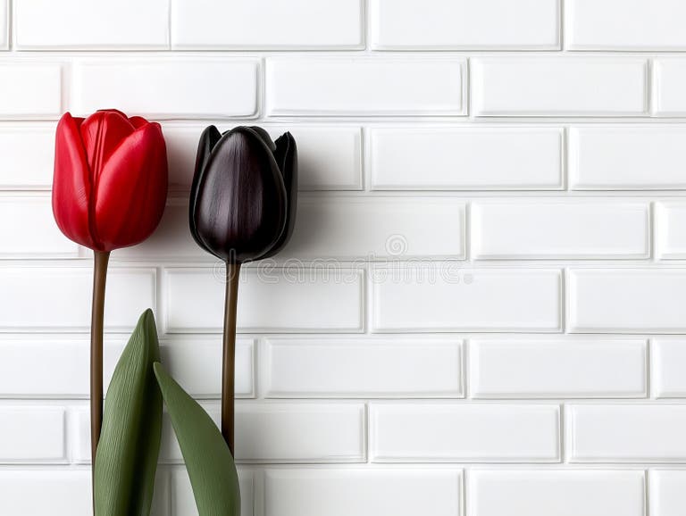 Two Red and Black Tulips in Front of a White Brick Wall Stock Image ...