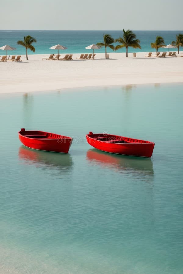 Two Red Boats Floating in the Ocean Near a White Sand Beach. Stock ...