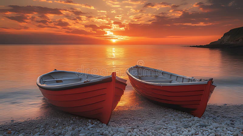 Two Red Boats on Pebble Beach at Sunrise Stock Illustration ...